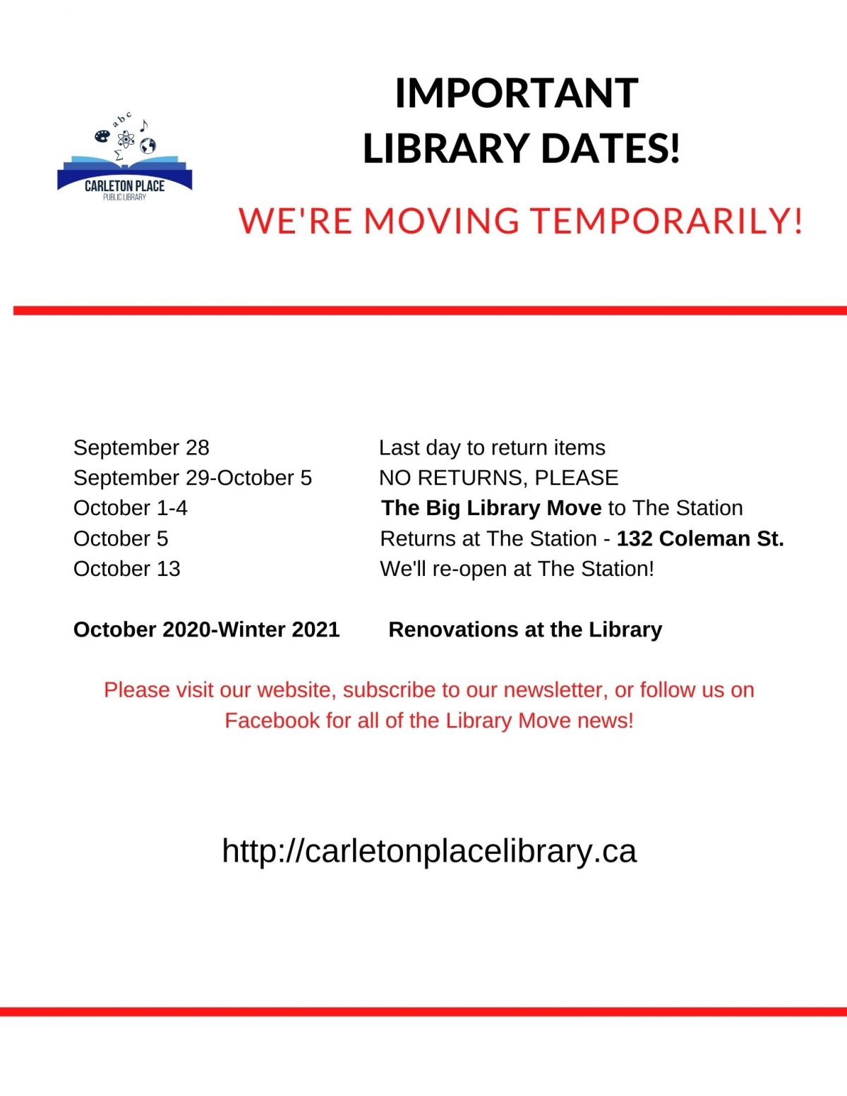 Important Library Move Dates! - Carleton Place Public Library
